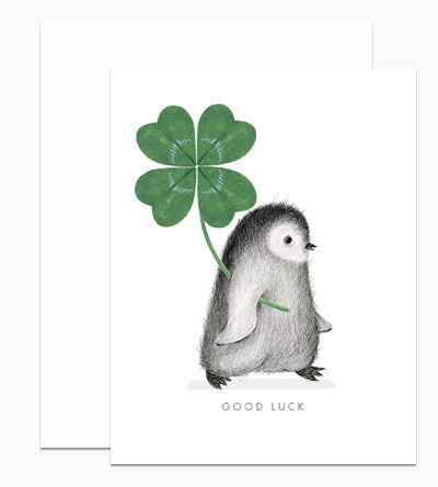 Good Luck Card- Penguin Holding A Four Leaf Clover – Featherfields